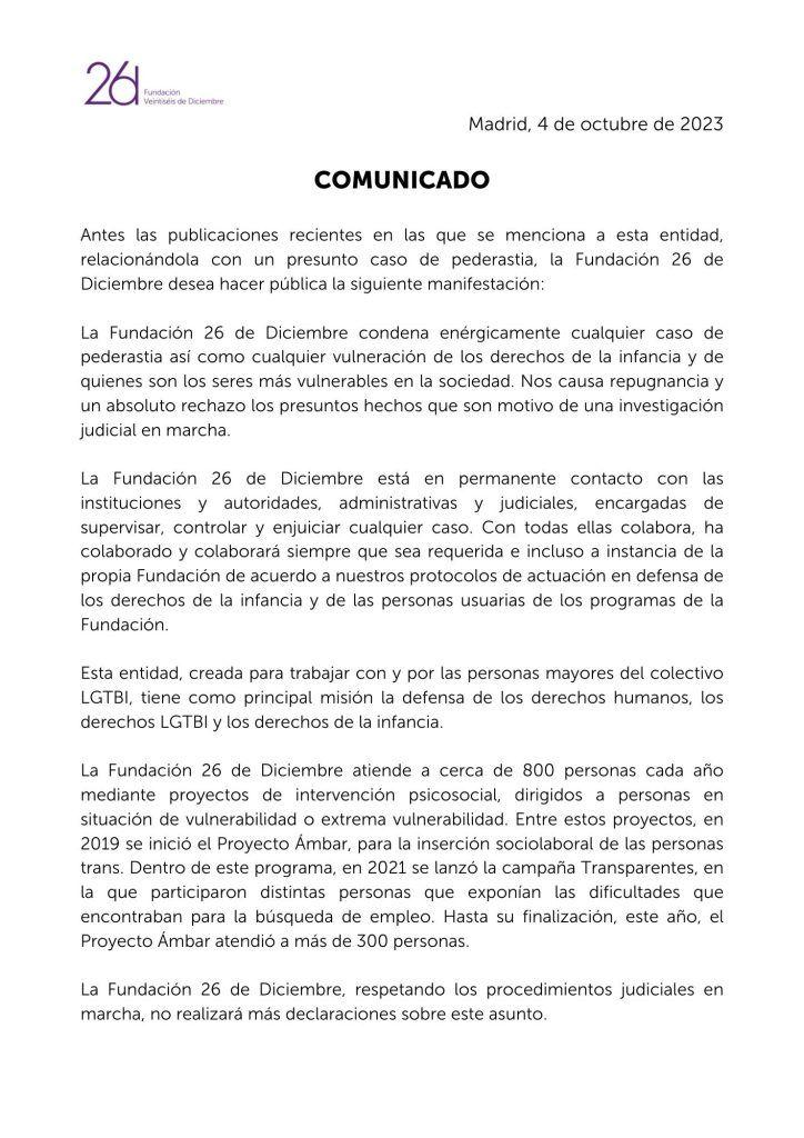Comunicado | Fundación 26 de Diciembre